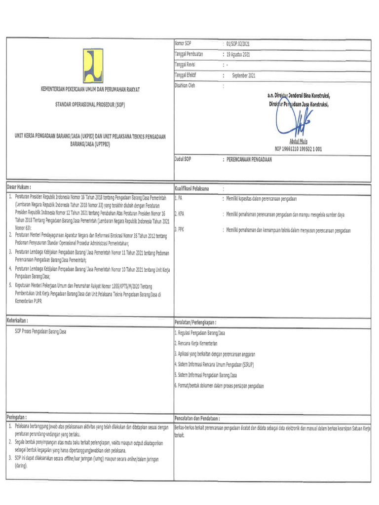 01.sop.02.2021. Perencanaan Pengadaan | PDF
