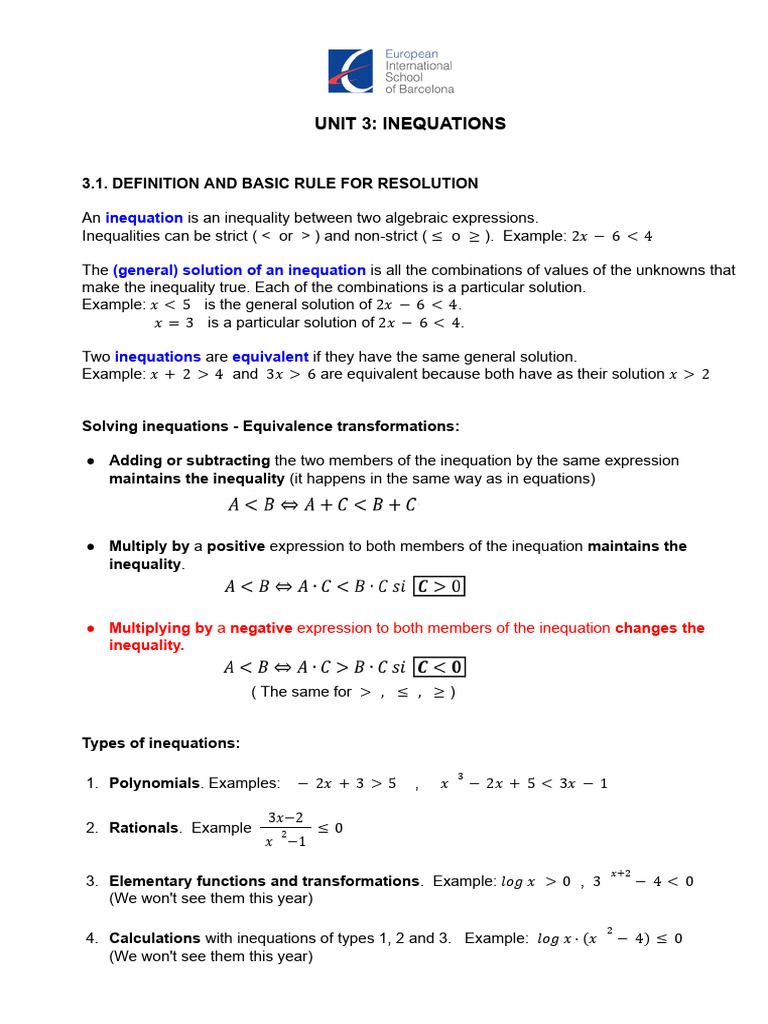 1 - THEORY UNIT 3 Inequations | PDF | Polynomial | Inequality (Mathematics)