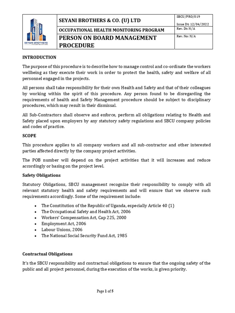 POB Management Procedure | PDF | Occupational Safety And Health ...
