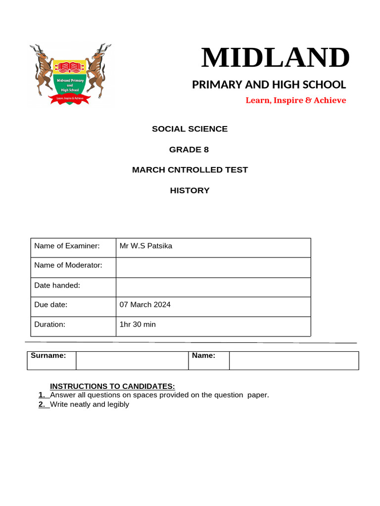 Grade 8 March 2024 Hist Test | PDF | Industrial Revolution | South Africa
