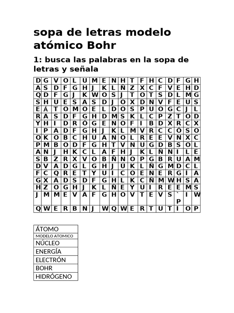 Sopa de Letras Modelo Atómico Bohr | PDF | Átomos | Núcleo atómico