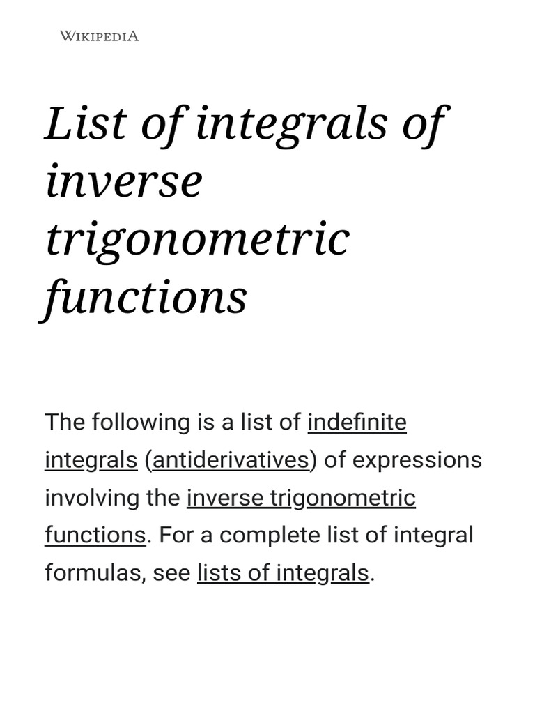 Integrals of Inverse Trigonometric Functions | PDF