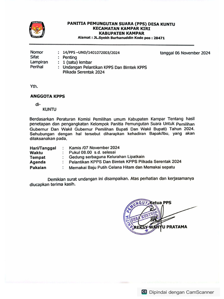 Undangan Pelantikan & Bimtek KPPS | PDF