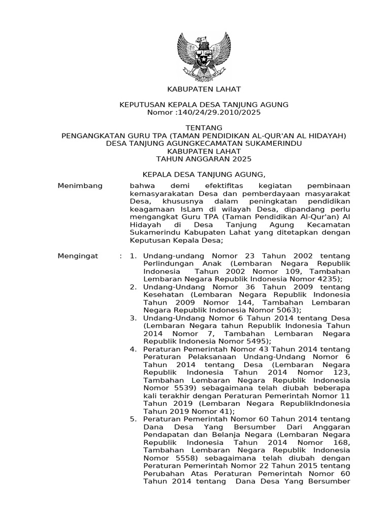 SK - Guru TPA DESA TANJUNG AGUNG 2025 | PDF