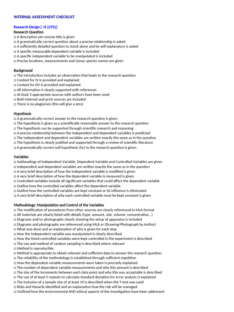 Internal Assessment Checklist - Research Design | PDF | Dependent And Independent Variables ...