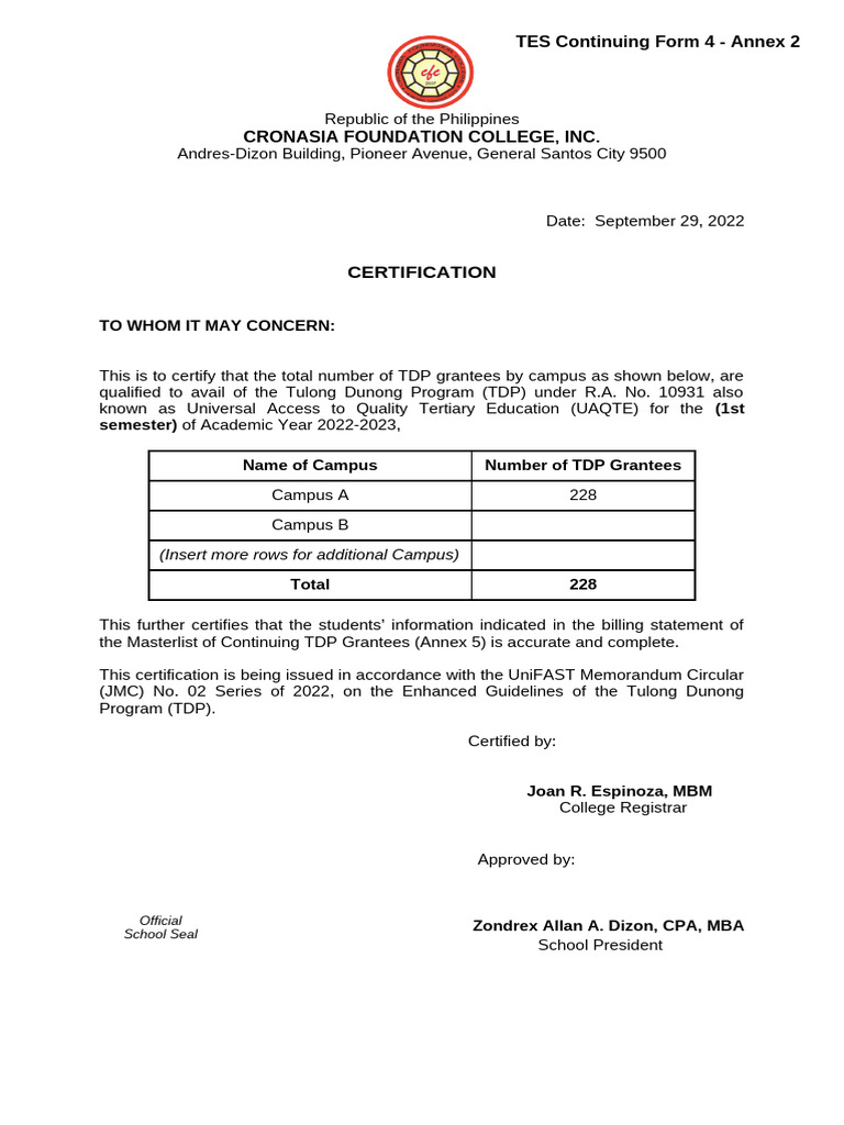 TDP Grantees Certification 2022-2023 | PDF