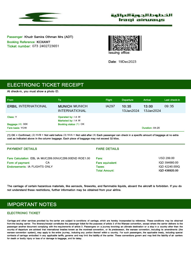 Iraqi Airways Eticket (Kcxaw7) - Samira Othman | PDF
