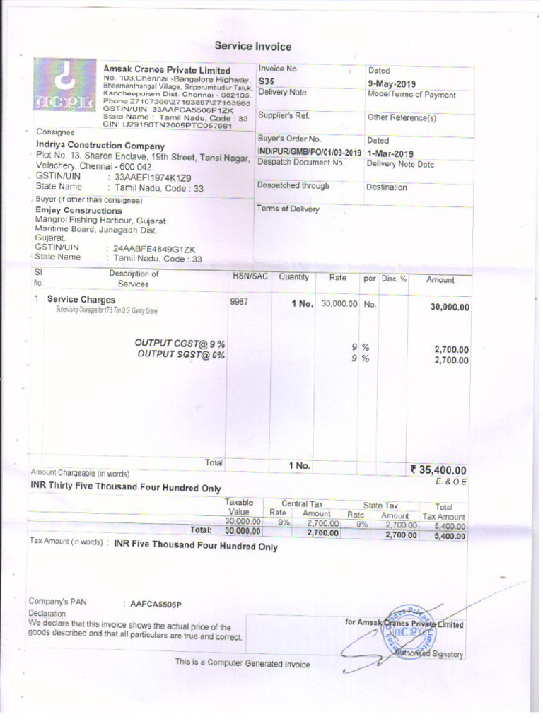 493741837 Amsak Cranes Service Invoice | PDF