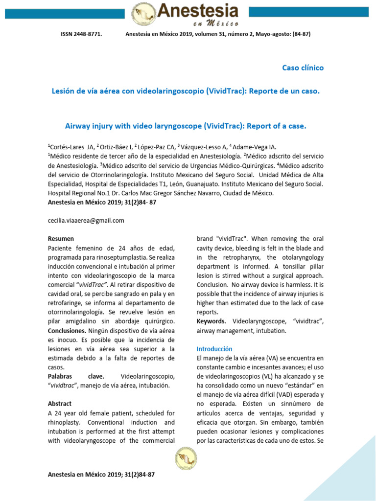 Airway Injury With Video Laryngoscope VividTrac Re | PDF ...