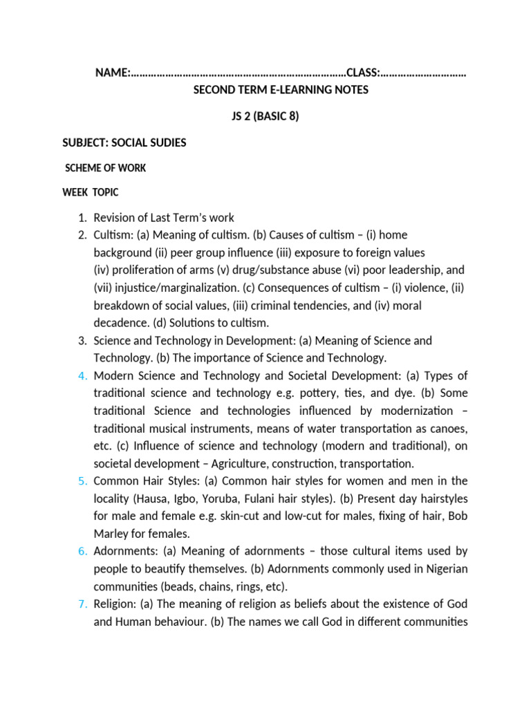 JS2 Social Studies E-Learning Notes | PDF | Hairstyle | Science