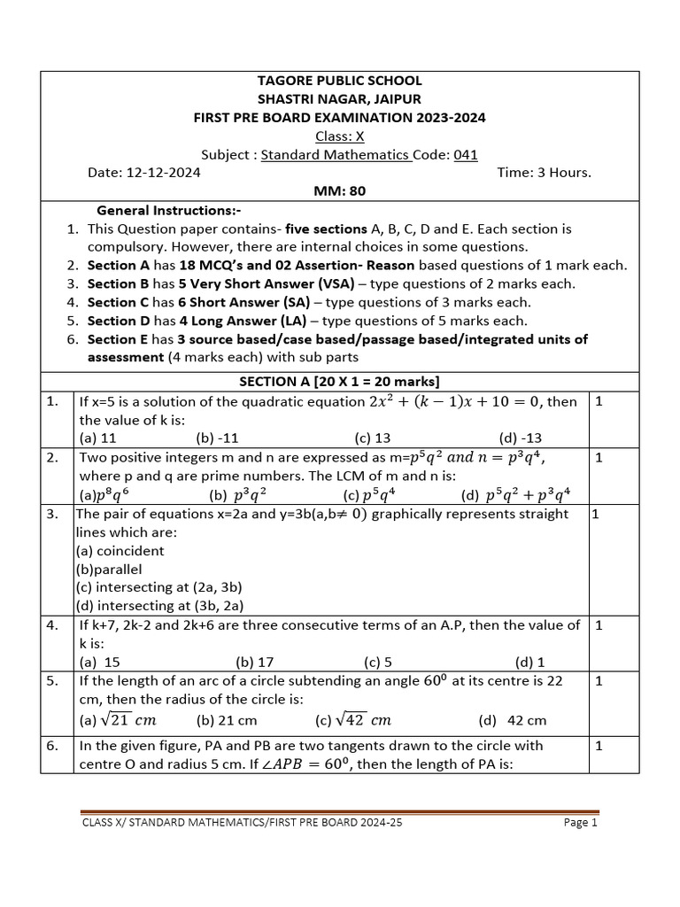 Standard Mathematics Class X First Pre Board | PDF | Circle | Elementary Mathematics