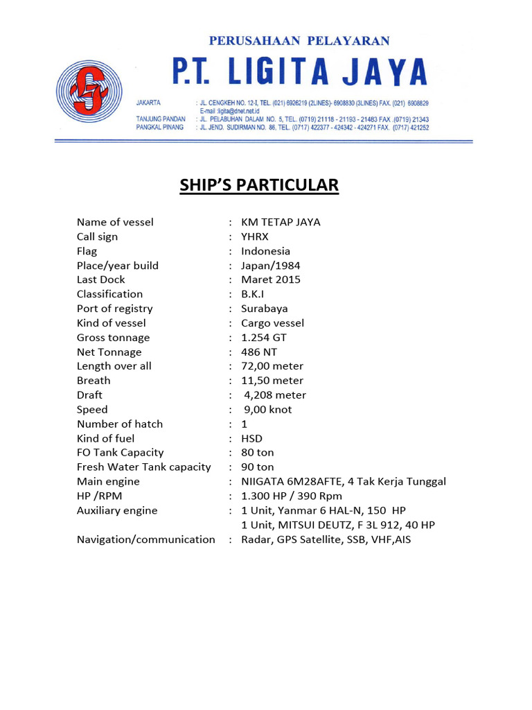 KM Tetap Jaya Cargo Vessel Details | PDF