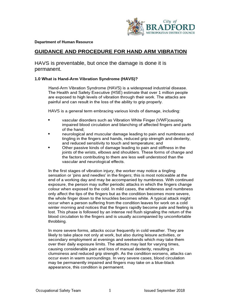 Guidance and Procedure For Hand Arm Vibration 2018 | PDF | Carpal ...