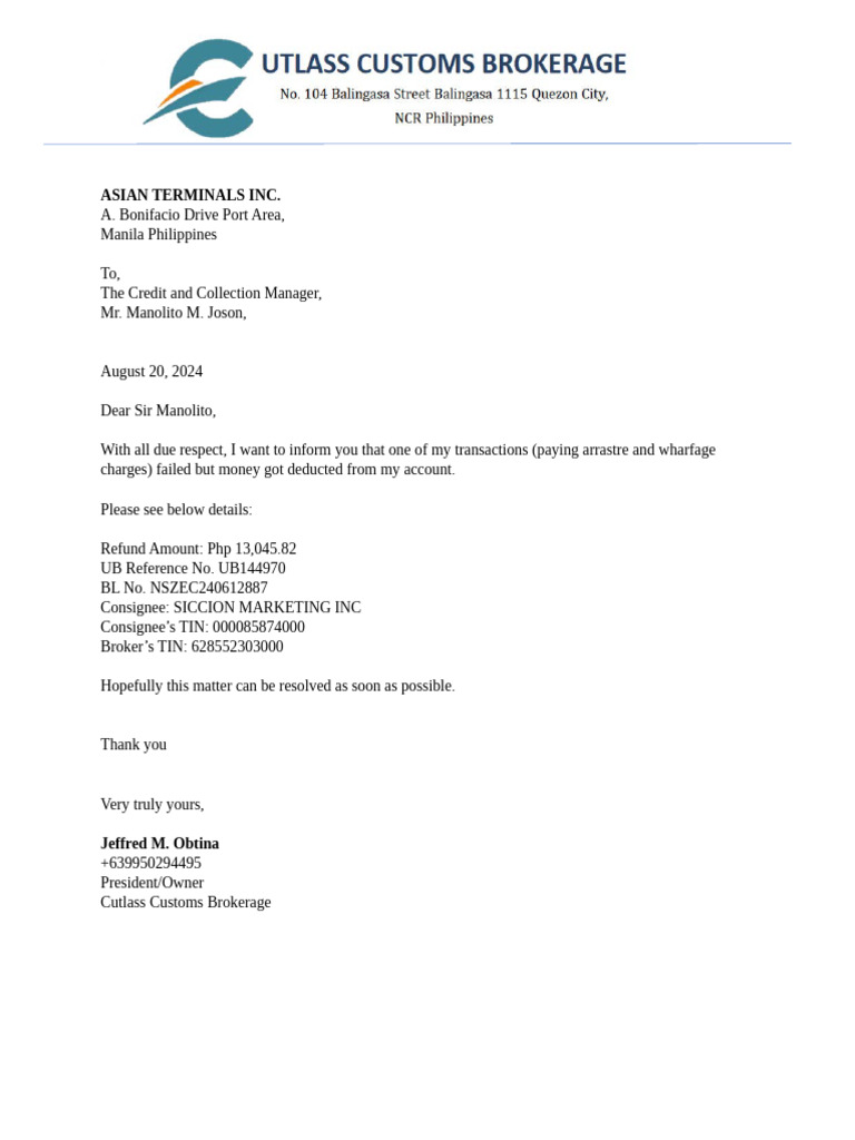 Ati Refund Request Letter | PDF