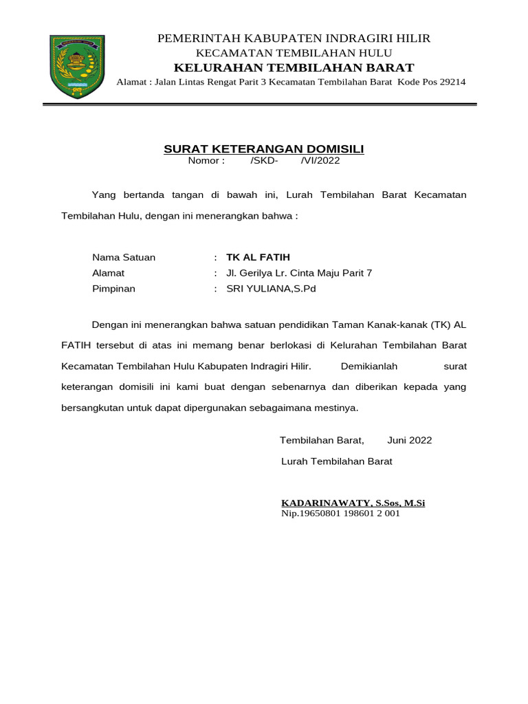 Surat Keterangan Domisili Lurah | PDF