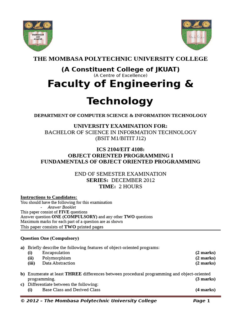 Ics 2104 Eit 4108 Object Oriented Programming Fundamentals of Object Oriented Programming | PDF ...