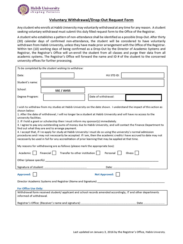 Habib University Withdrawal Request Form | PDF