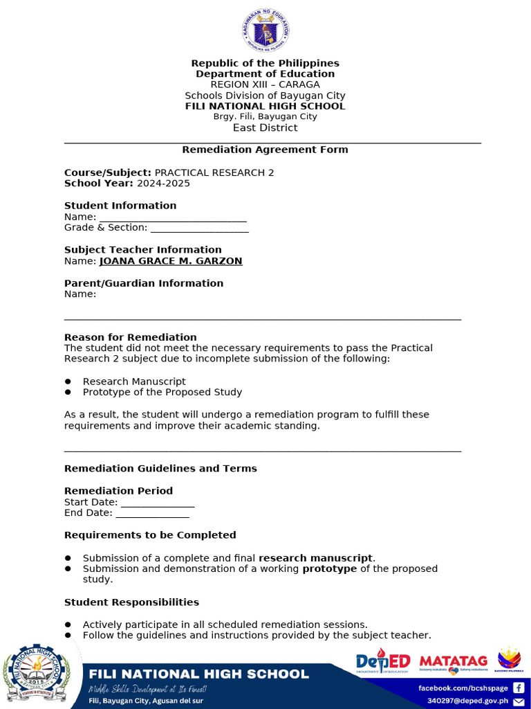Remediation Agreement Form | PDF | Teachers