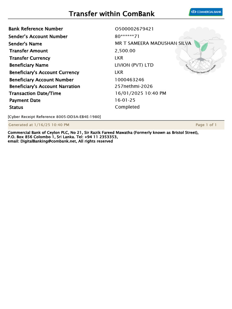 ComBank Cyber Receipt for Transfer | PDF