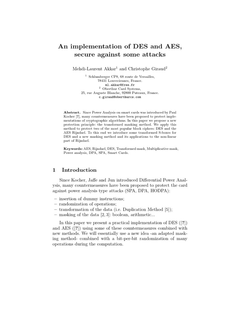 An Implementation of DES and AES, Secure Against Some Attacks | PDF | Secure Communication ...
