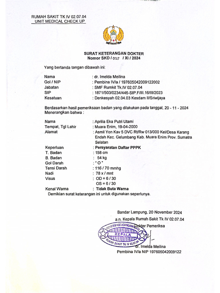 Keterangan Sehat Aprilia | PDF