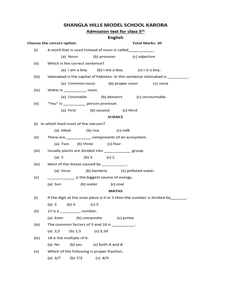 Admission Test Class 5th | PDF