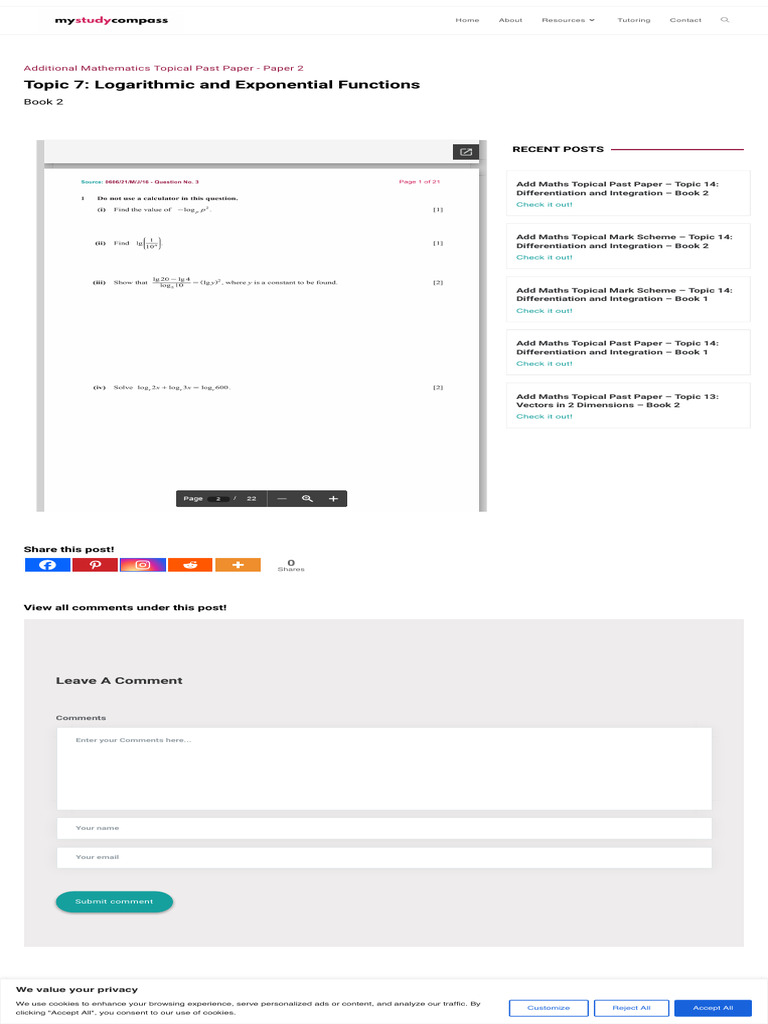 Add Maths Topical Past Paper - Topic 7 Logarithmic and Exponential Functions - Book 2 - My Study ...
