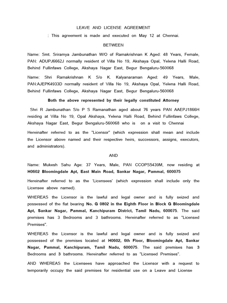 Leave and License Agreement Template | PDF | License | Landlord