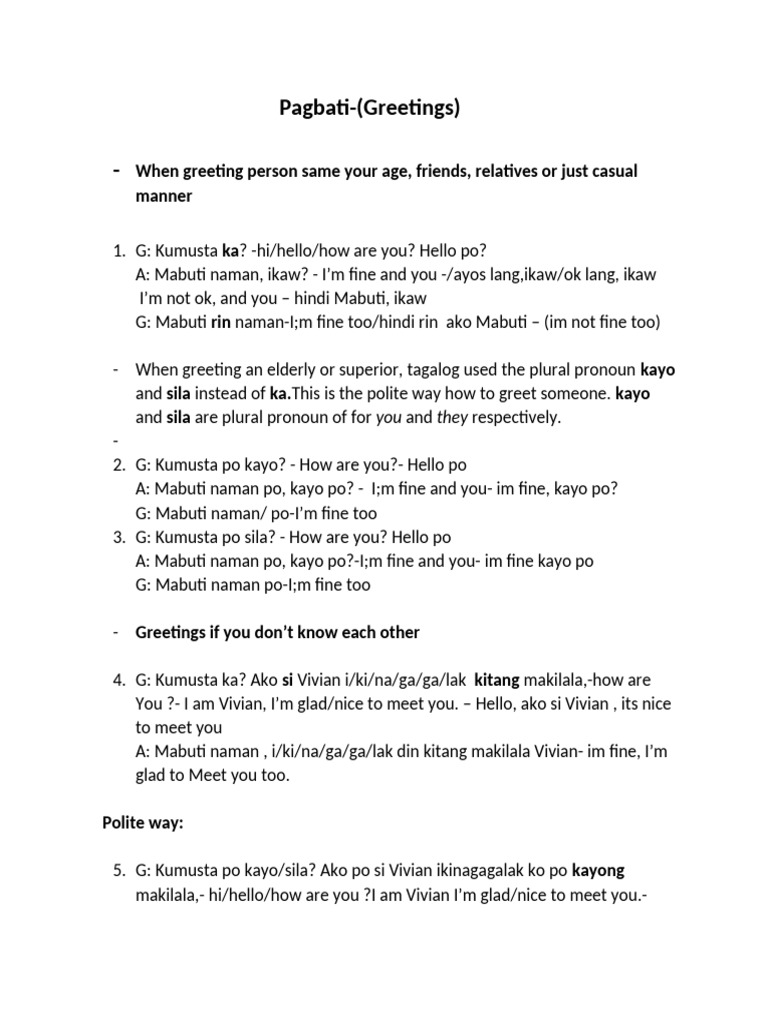 Tagalog Greetings and Introductions Guide | PDF