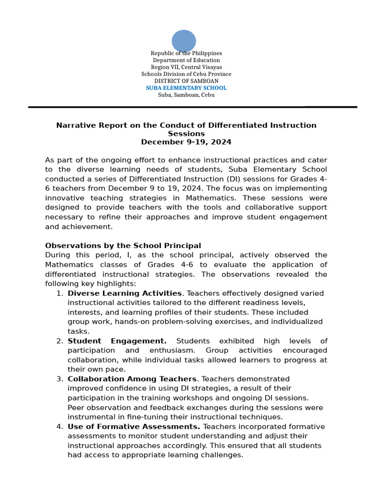 Narrative Report On The Conduct of DI Sessions | PDF | Differentiated ...