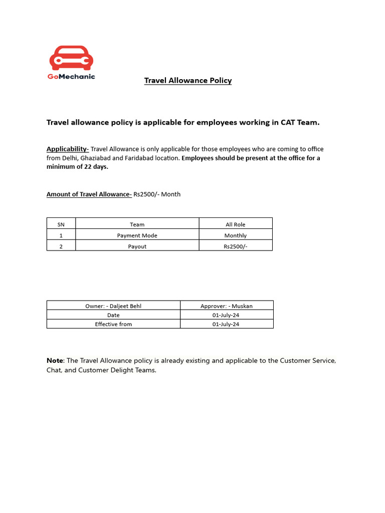 Travel Allowance Policy'24 - CAT | PDF