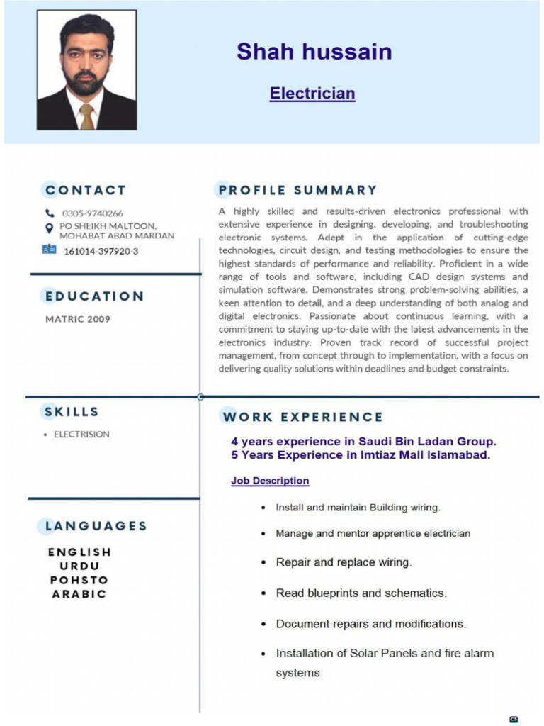 Shah Hussain Electrician Pdf