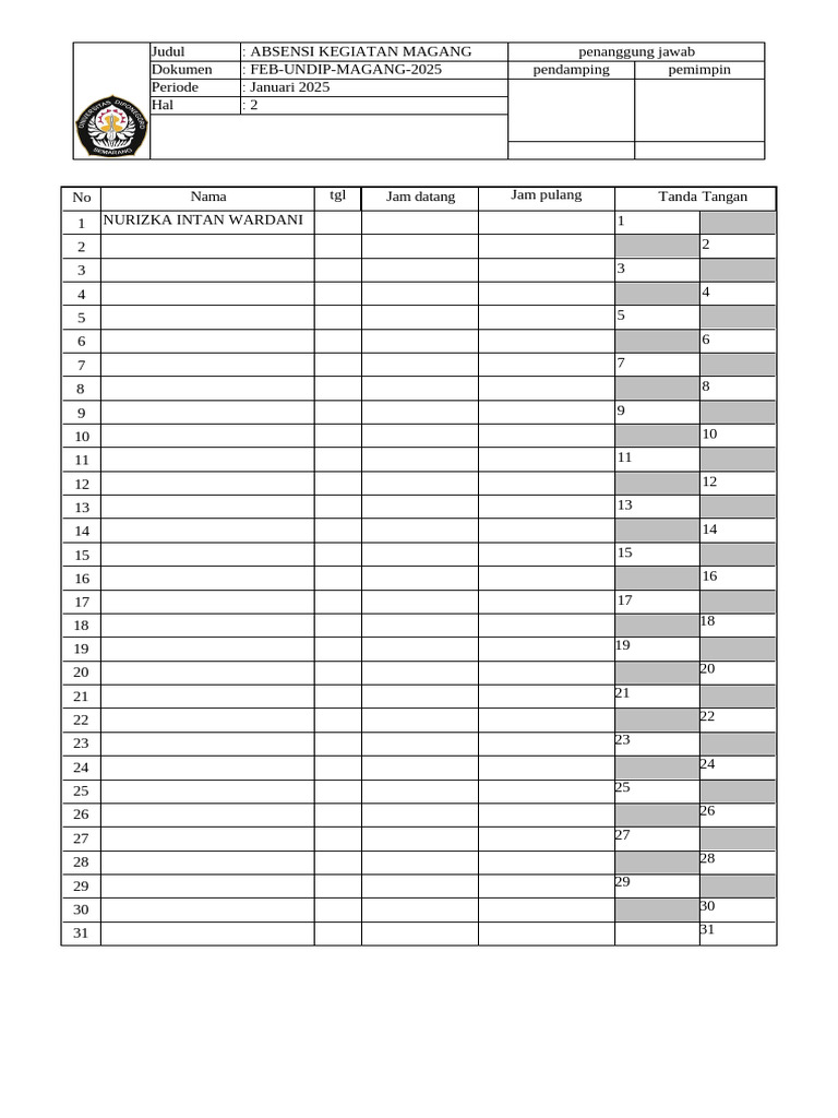Absensi Magang Januari 2025 FEB UNDIP | PDF