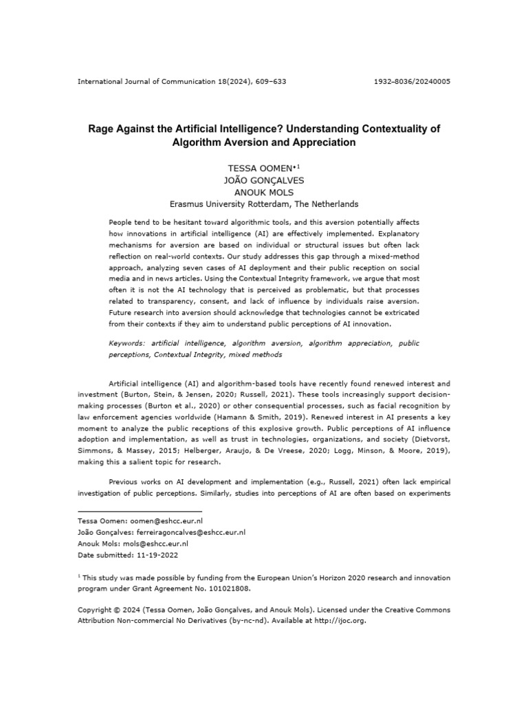 Rage Against The Artificial Intelligence? Understanding Contextuality of Algorithm Aversion and ...