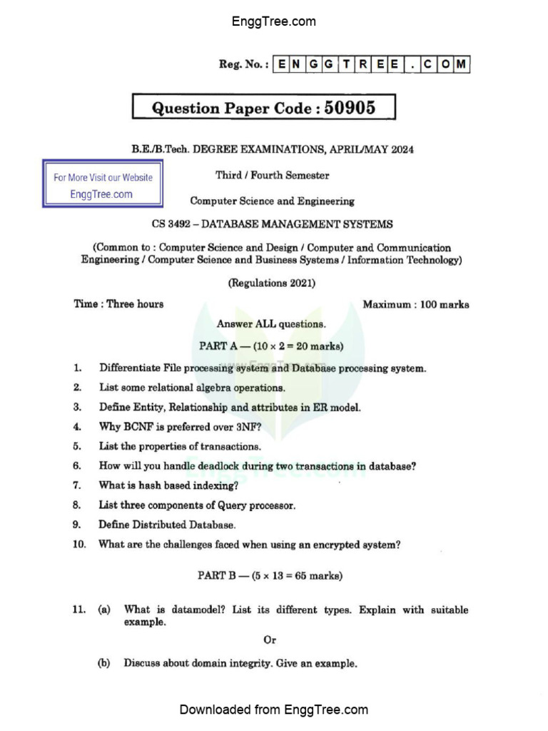CS3492 Database Management Systems Apr May 2024 Question Paper Download ...