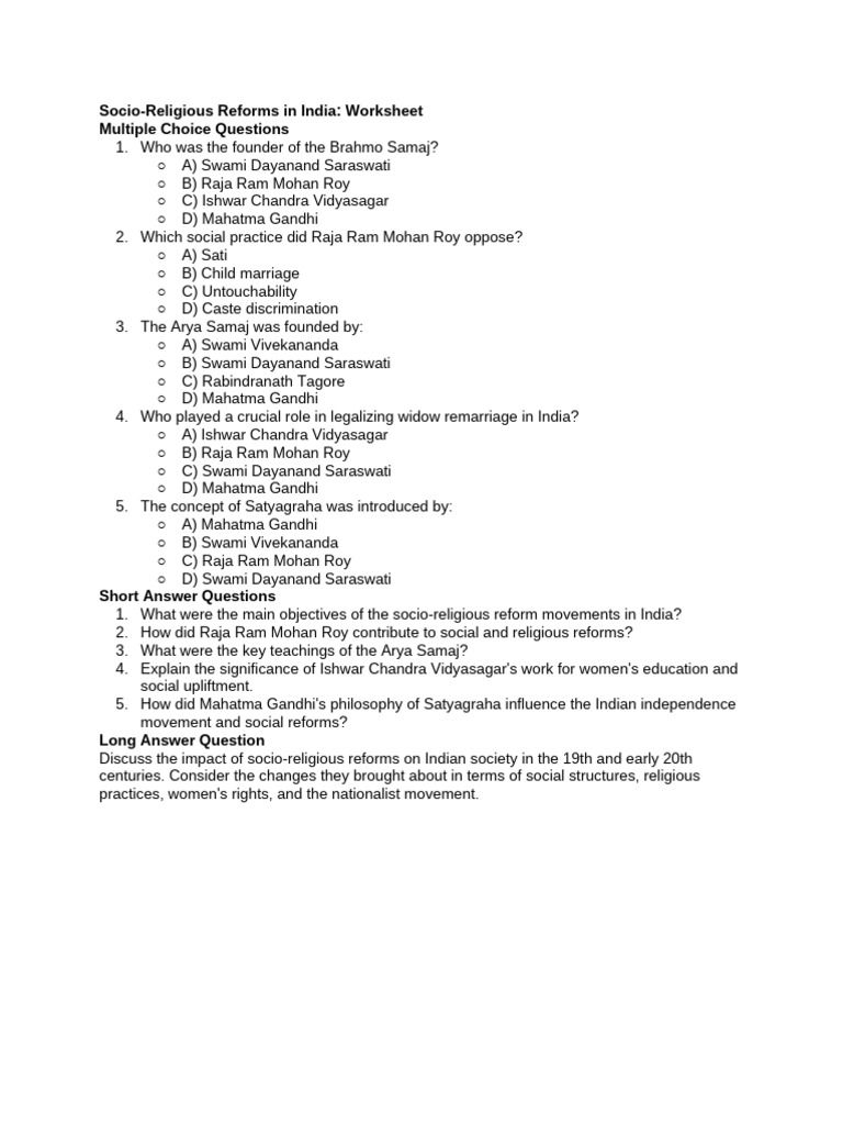 Worksheet- Socio Religious Reforms in India | PDF