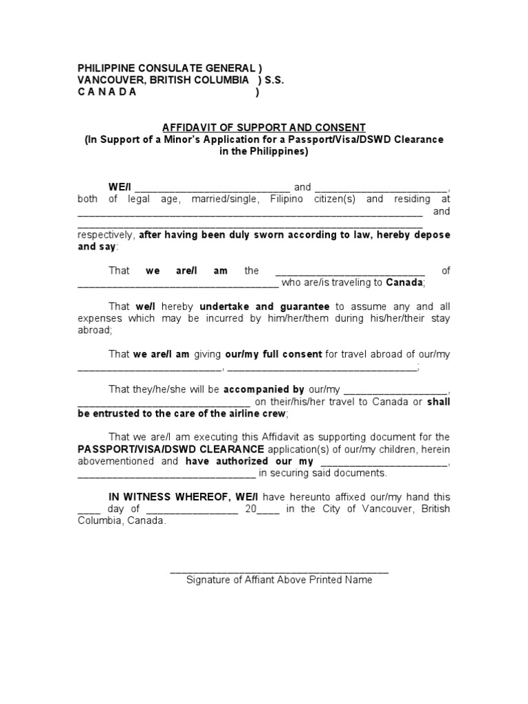 Affidavit of Support and Consent Passport, Visa, DSWD) Affidavit of Support and Consent Passport, Visa, DSWD)