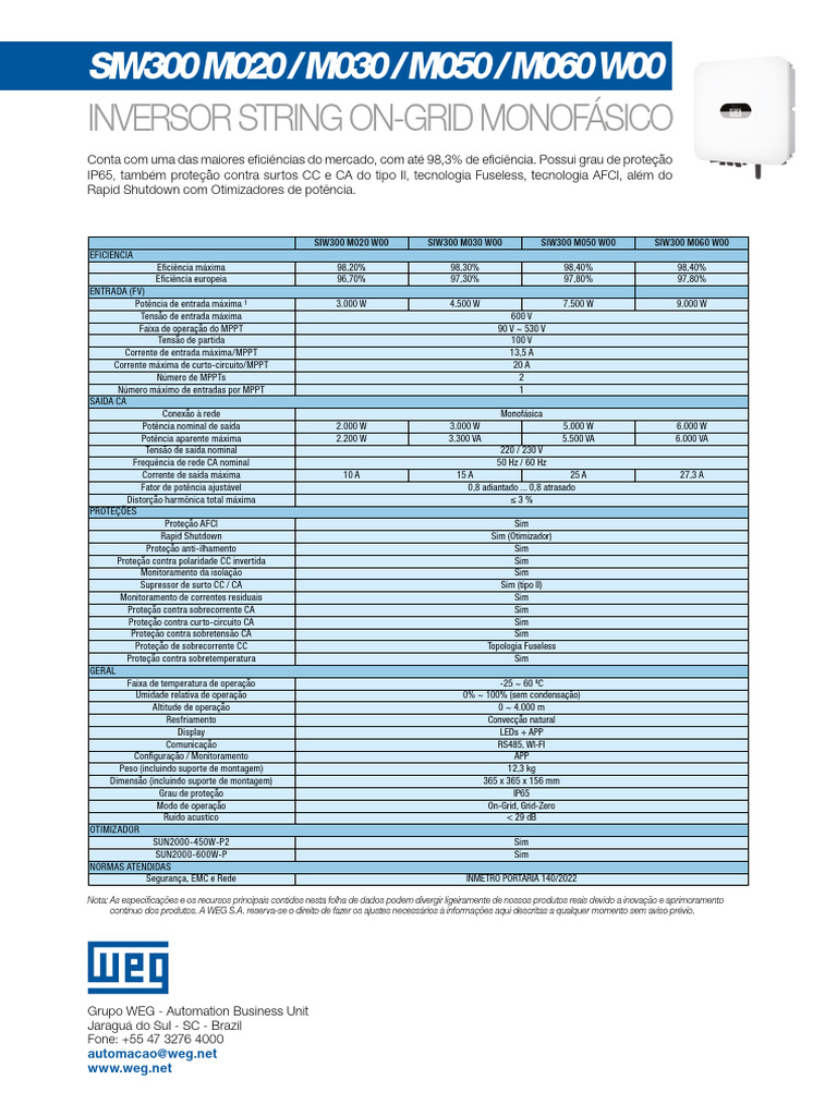 Inversor Solar Weg Siw300 m050 w00 5 0 KW Monofasico 220 V 2 MPPT | PDF ...