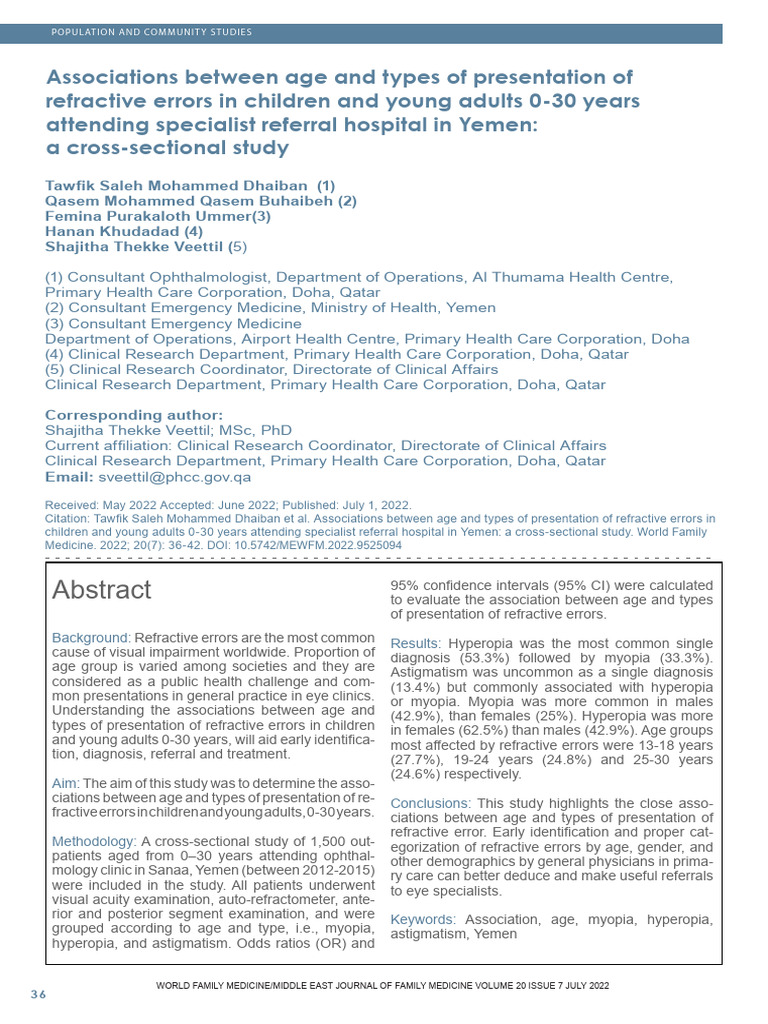 Pediatric Refractive Errors in Yemen | PDF | Myopia | Vision