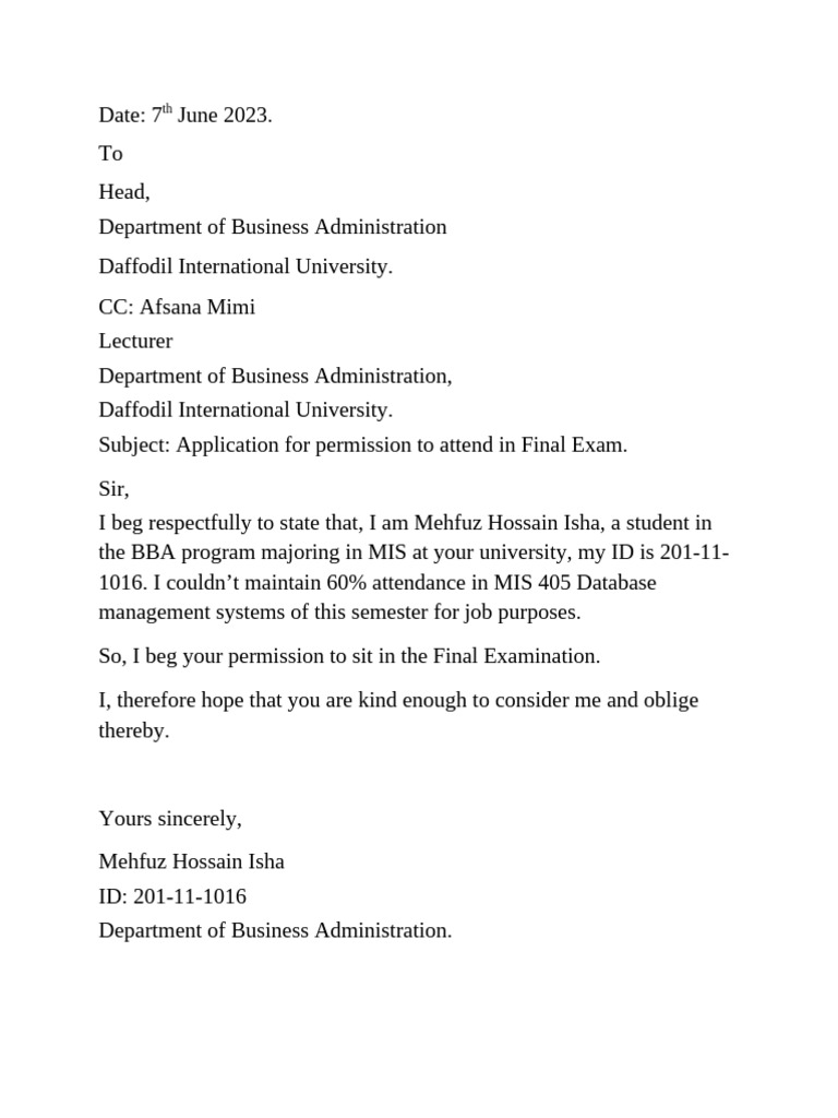Final Exam Attendance Request Letter | PDF