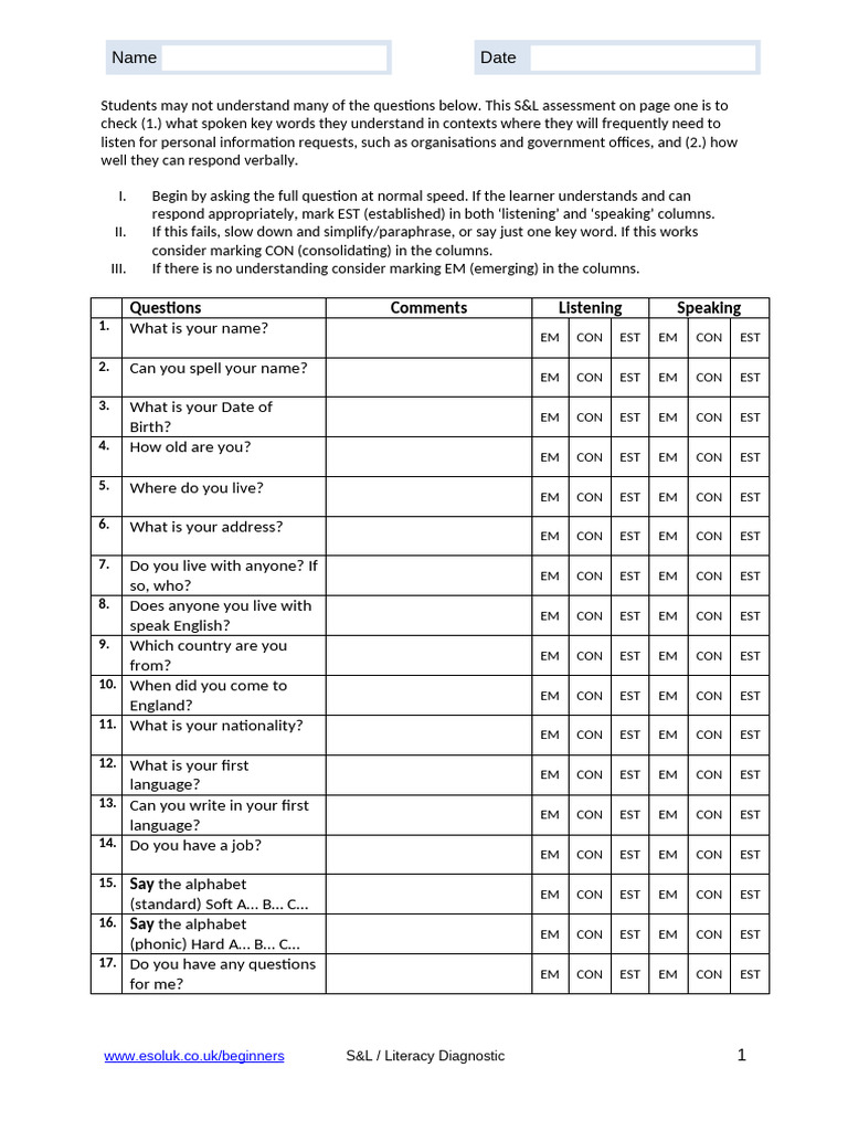 S&L Literacy Assessment for Beginners | PDF | Literacy | Letter Case