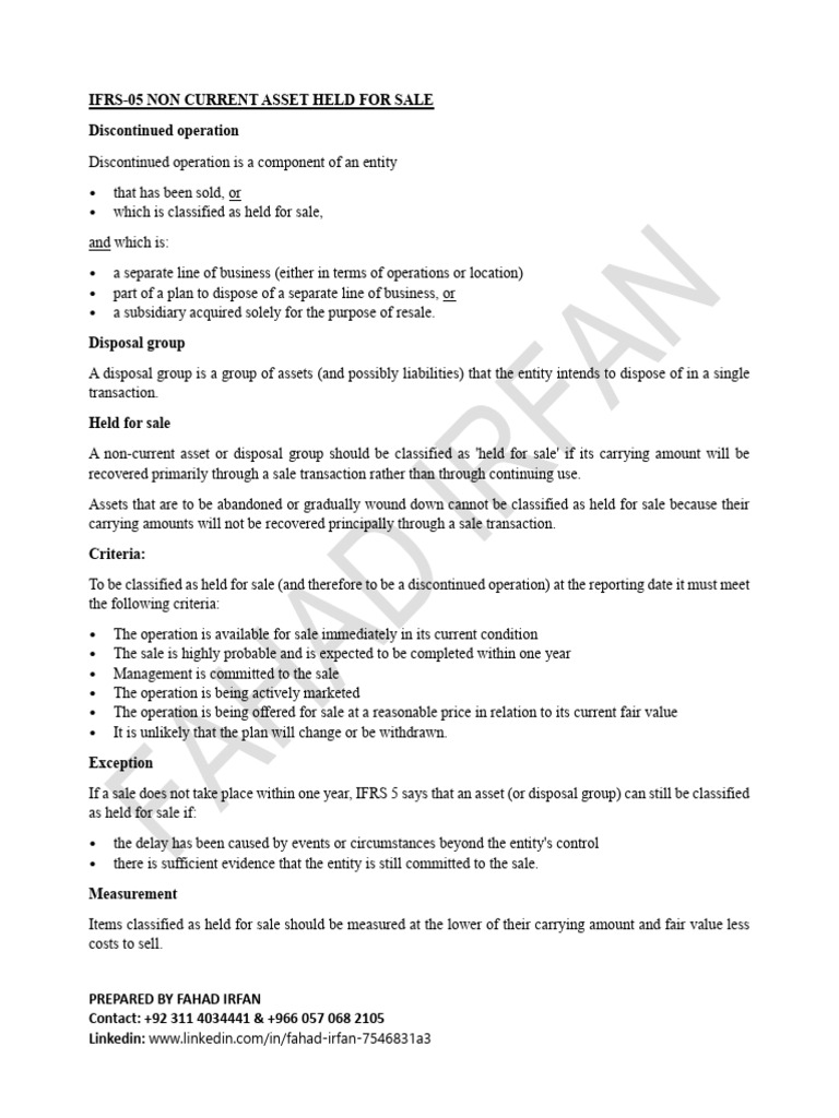 IFRS-5 NCA Held For Sale Summary Notes Prepared by Fahad Irfan | PDF ...