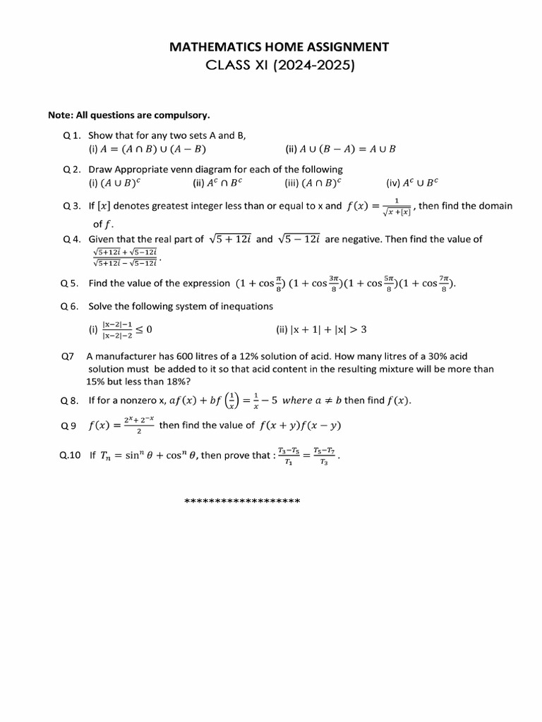 Home Assignment Class XI 2024-2025 SFS SSSG | PDF