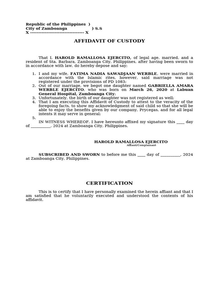 Affidavit of Custody | PDF