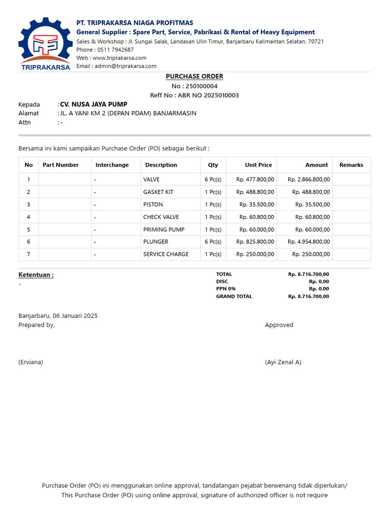 Purchase Order 250100004 Cv Nusa Jaya Pump Pdf Chemical