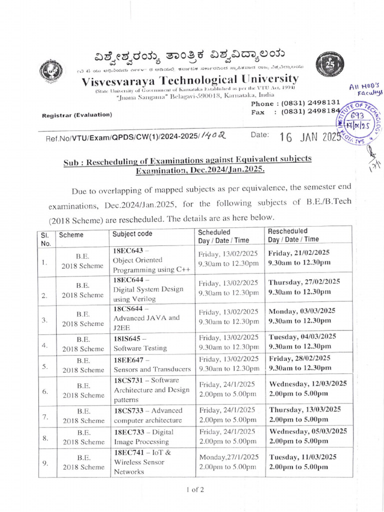 VTU Circular DTD 16-1-2025 - Rescheduling of Exam Against Equivalent Subjects - Jan 2025 Exams ...