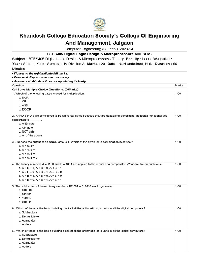 DLDM Mid Sem 2023-24 | PDF | Logic Gate | Electronics