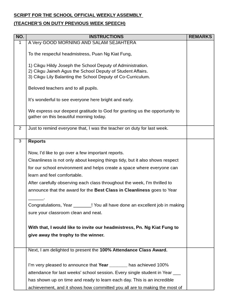 Previous Week Teacher On Duty Script | PDF
