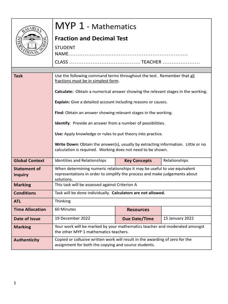 Decimal and Fraction Assessment Cover Sheet - Docx - Google Docs | PDF