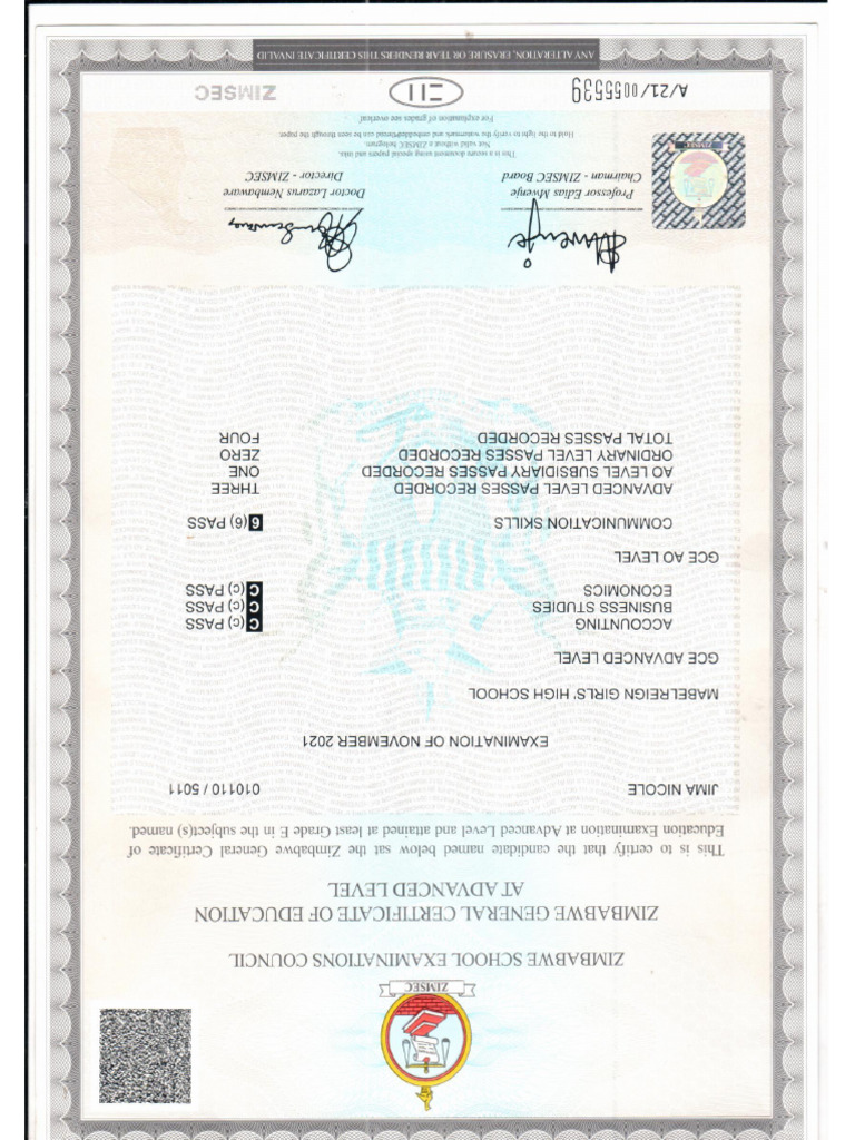 Nicole Jima A Level Certificate | PDF